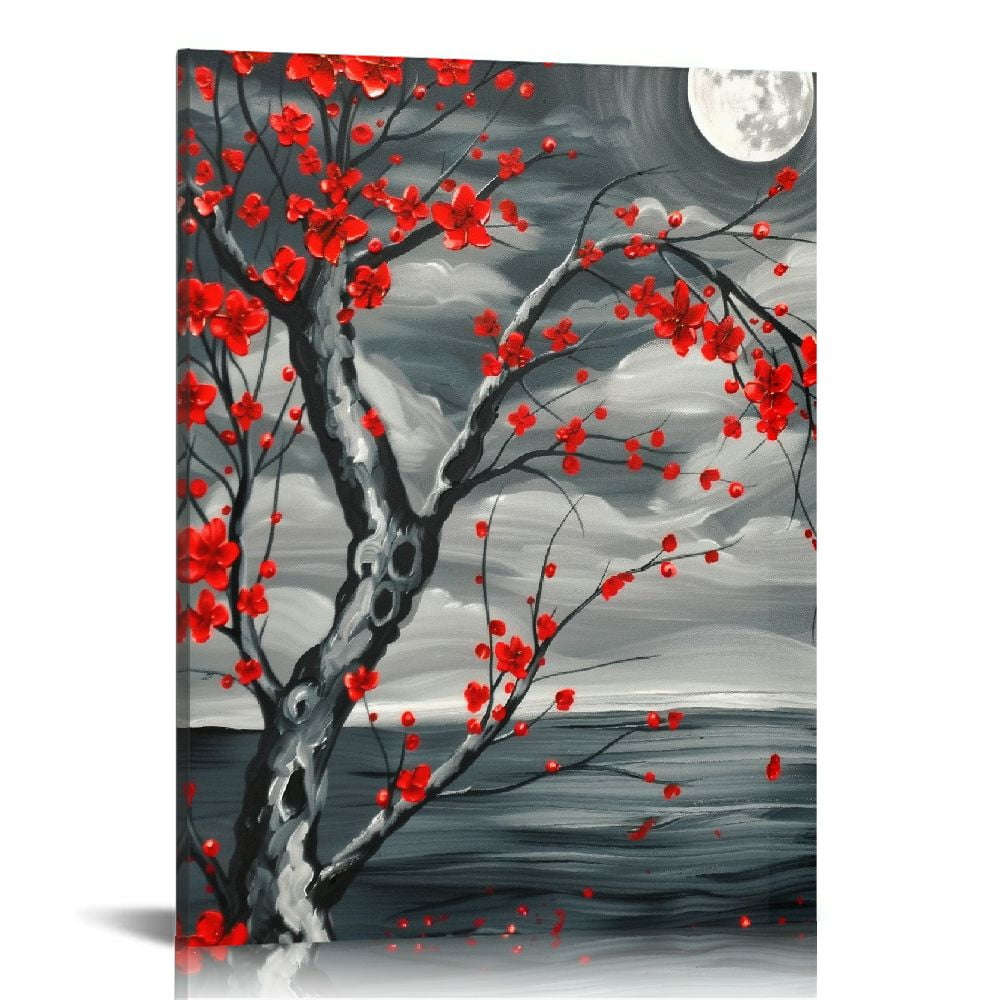 Creowell Red Flower Tree Wall Art for Bedroom Cherry Blossom Tree in ...