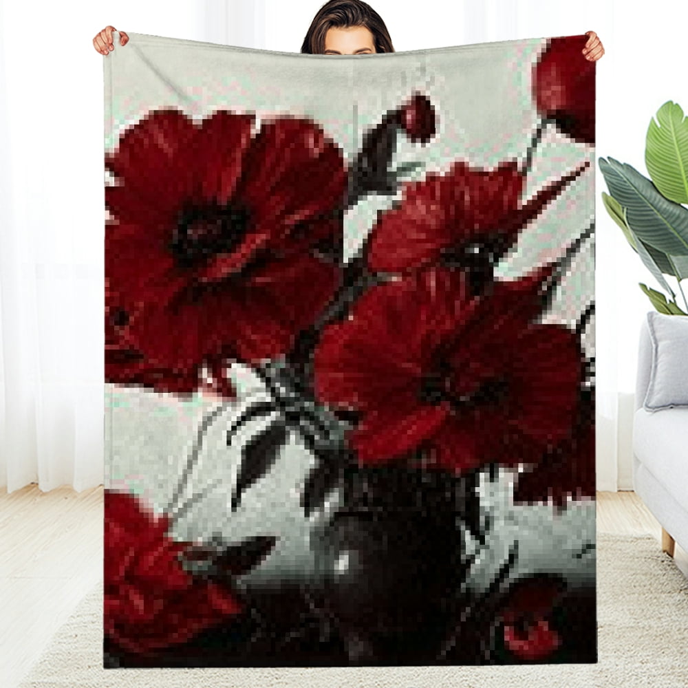 Creowell Red Flowers Soft Warm Flannel Blanket Multi-Purpose All Season ...