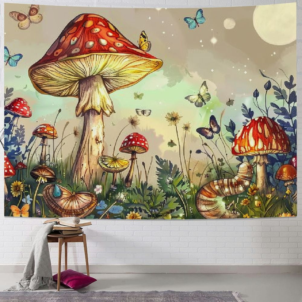 Creowell Red Mushroom Tapestry Moon Star Tapestries for Bedroom ...