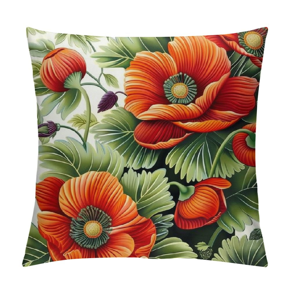 Creowell Red Poppies Flowers，Printed Throw Pillow Case Square ...