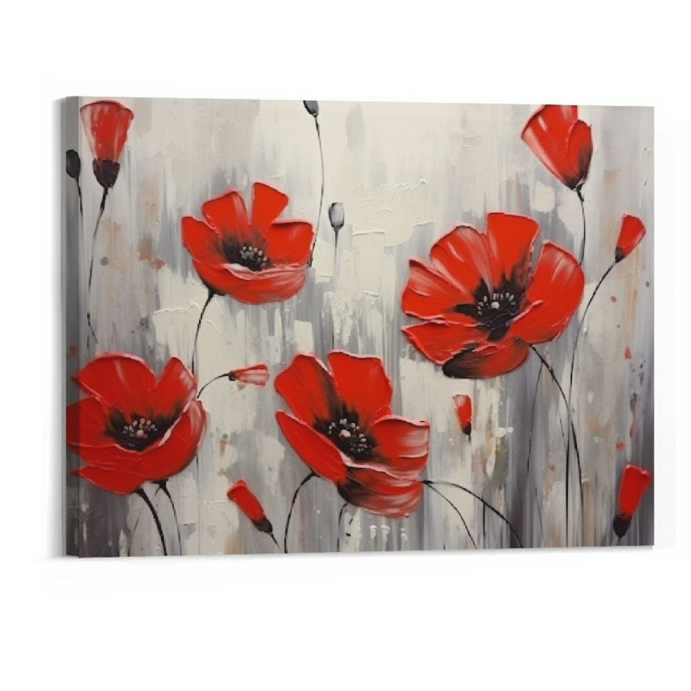 Creowell Red Poppies Wall Art Modern Floral Red Poppy Flower on Grey ...