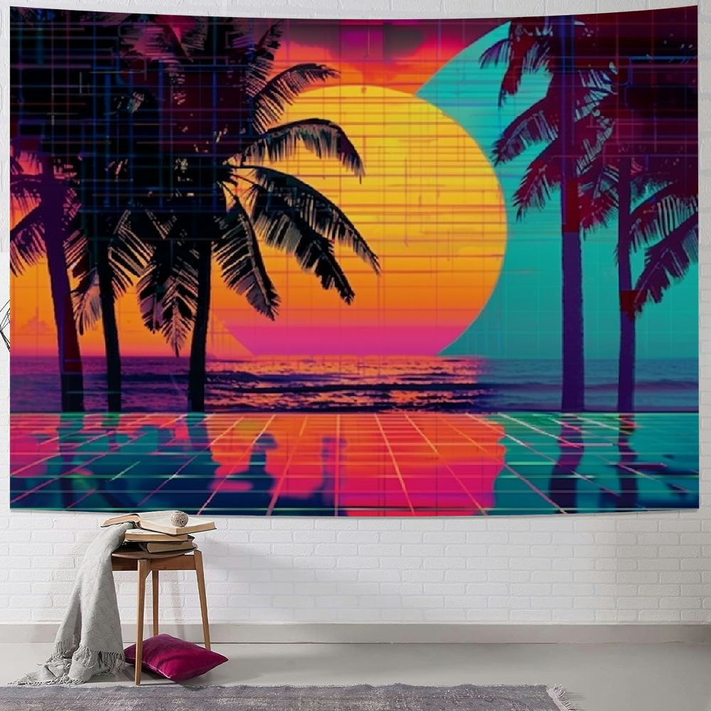 Creowell Retro Neon Tapestry for Men Bedroom, Cool Trippy Mountain Sun ...