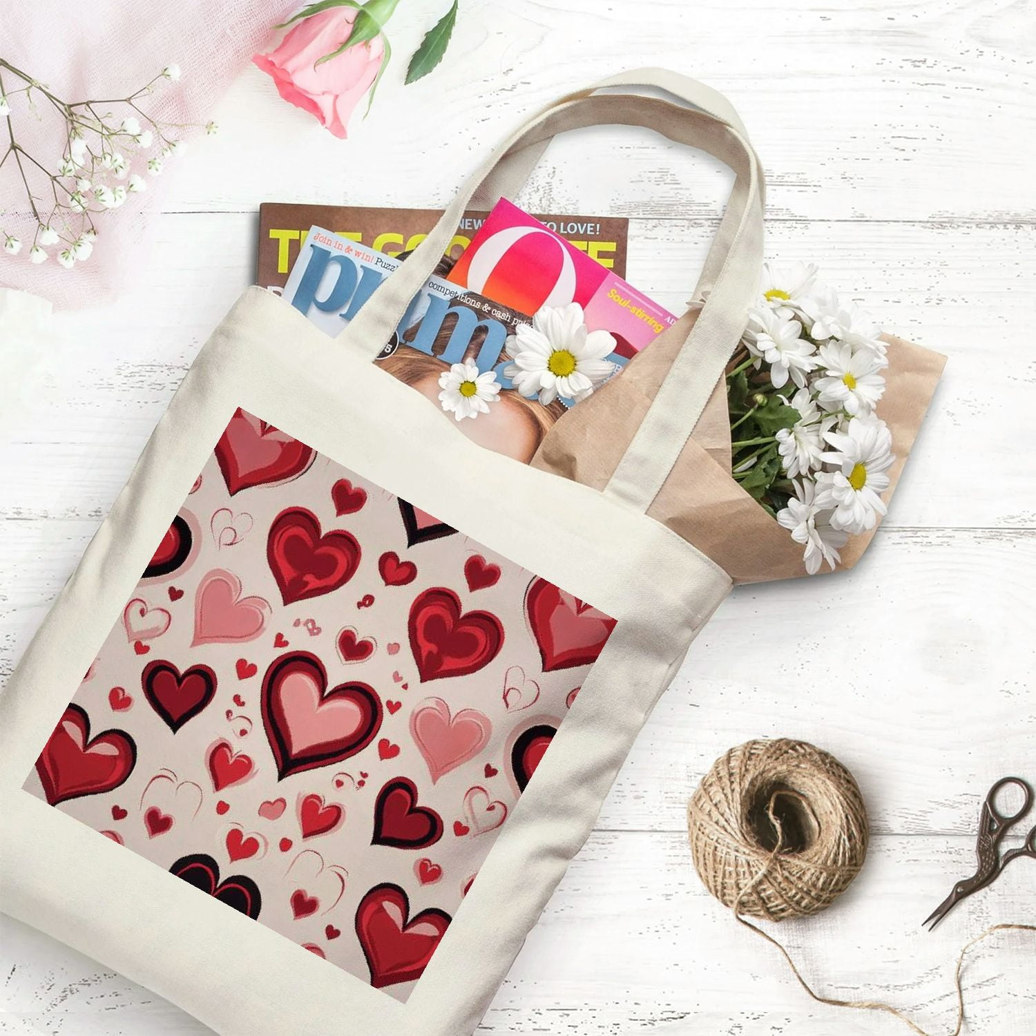 Creowell Romantic Love Hearts Valentine's Day Red Pink Tote Bag With ...