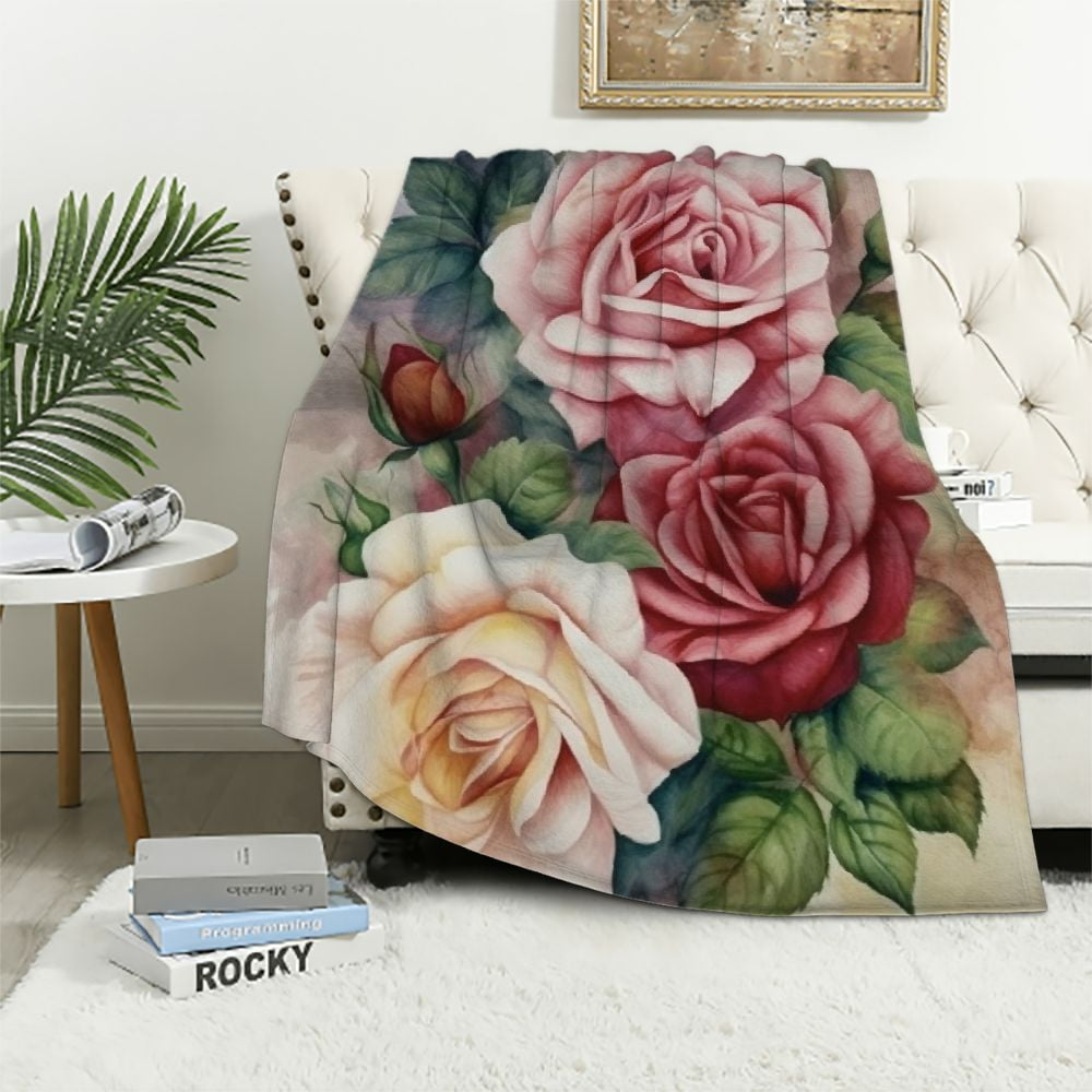 Creowell Roses Flowers Leaves Print Throw Blanket for Bed Couch Car ...