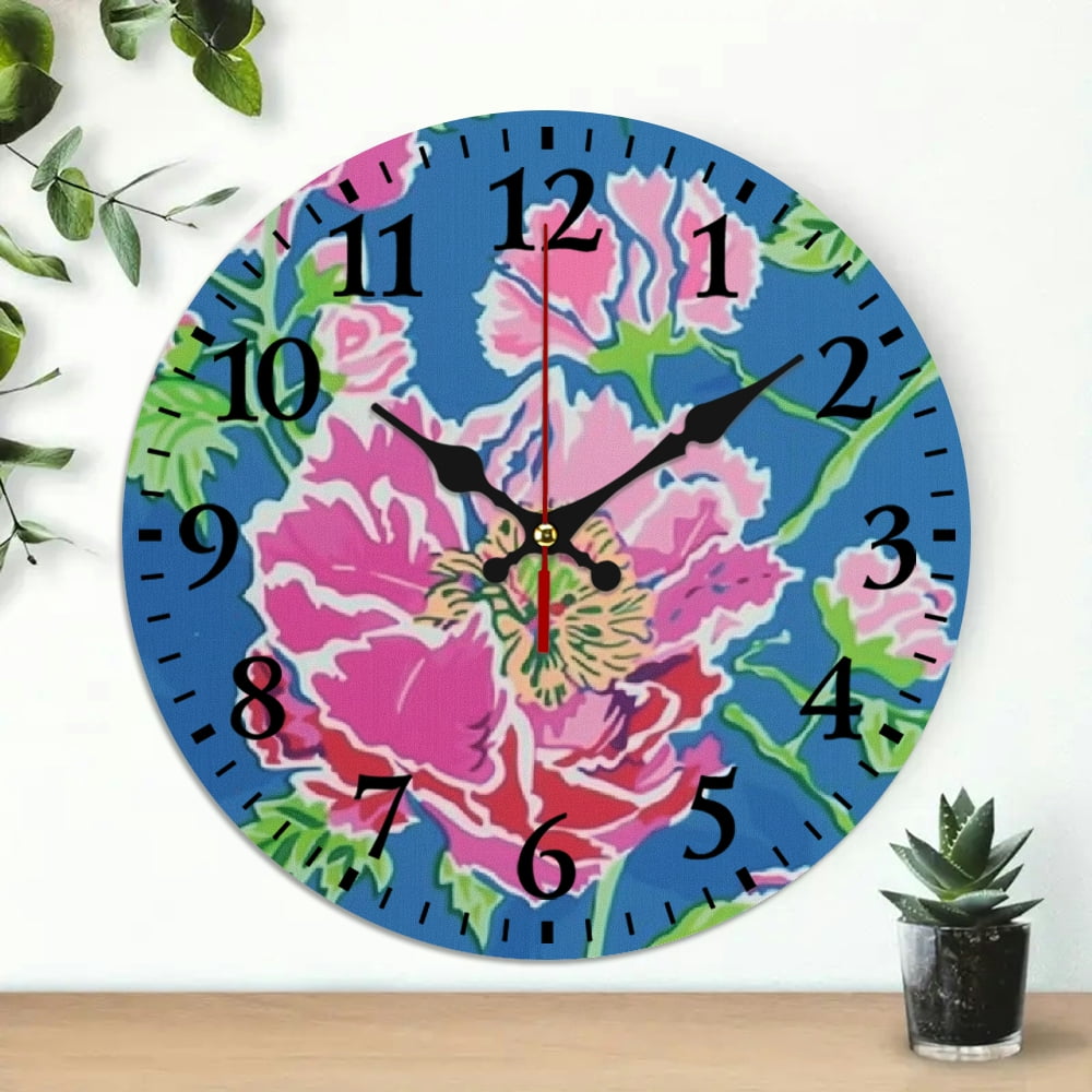Creowell Round Wooden Wall Clock Floral Print Battery Operated 10 Inch ...