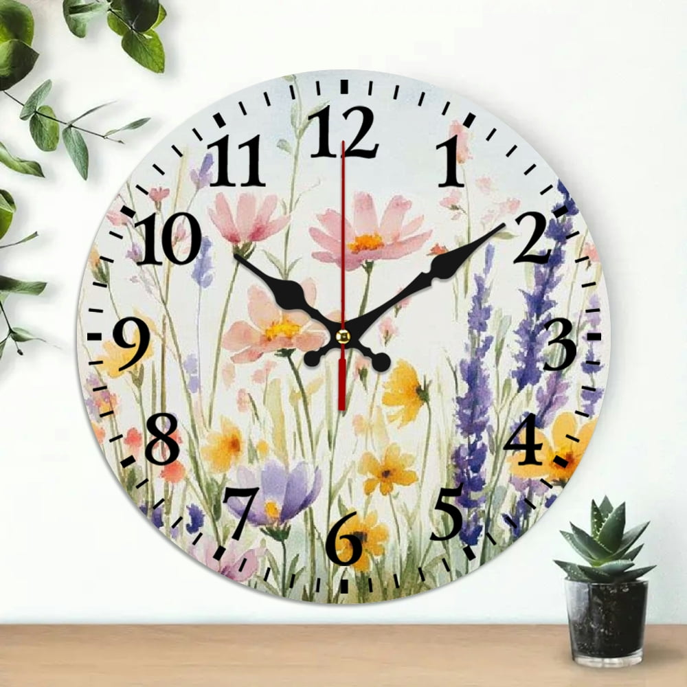 Creowell Round Wooden Wall Clock, Flowers Field Watercolor Print, 10 ...