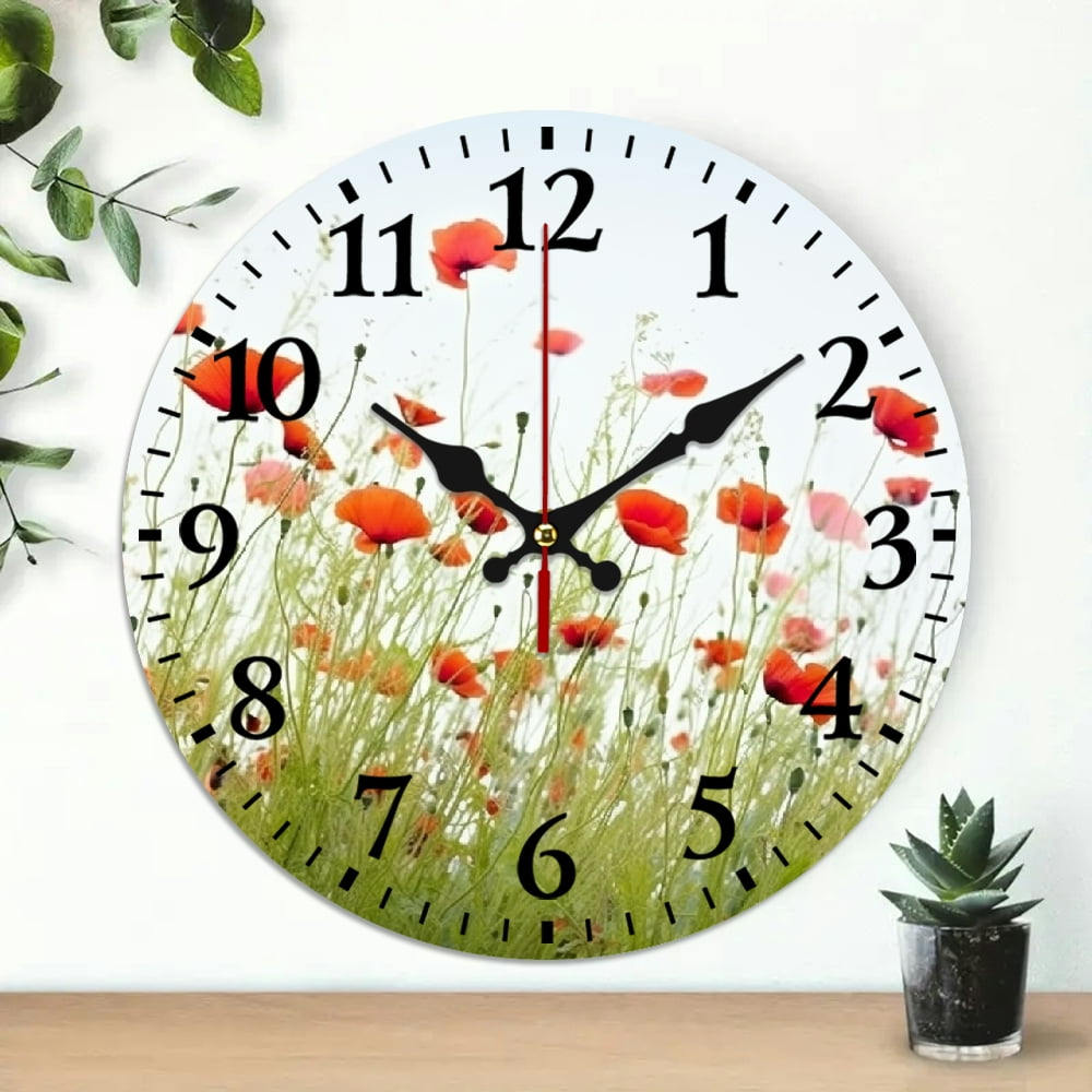 Creowell Round Wooden Wall Clock Flowers Grass Sky 10 Inch Home Decor ...
