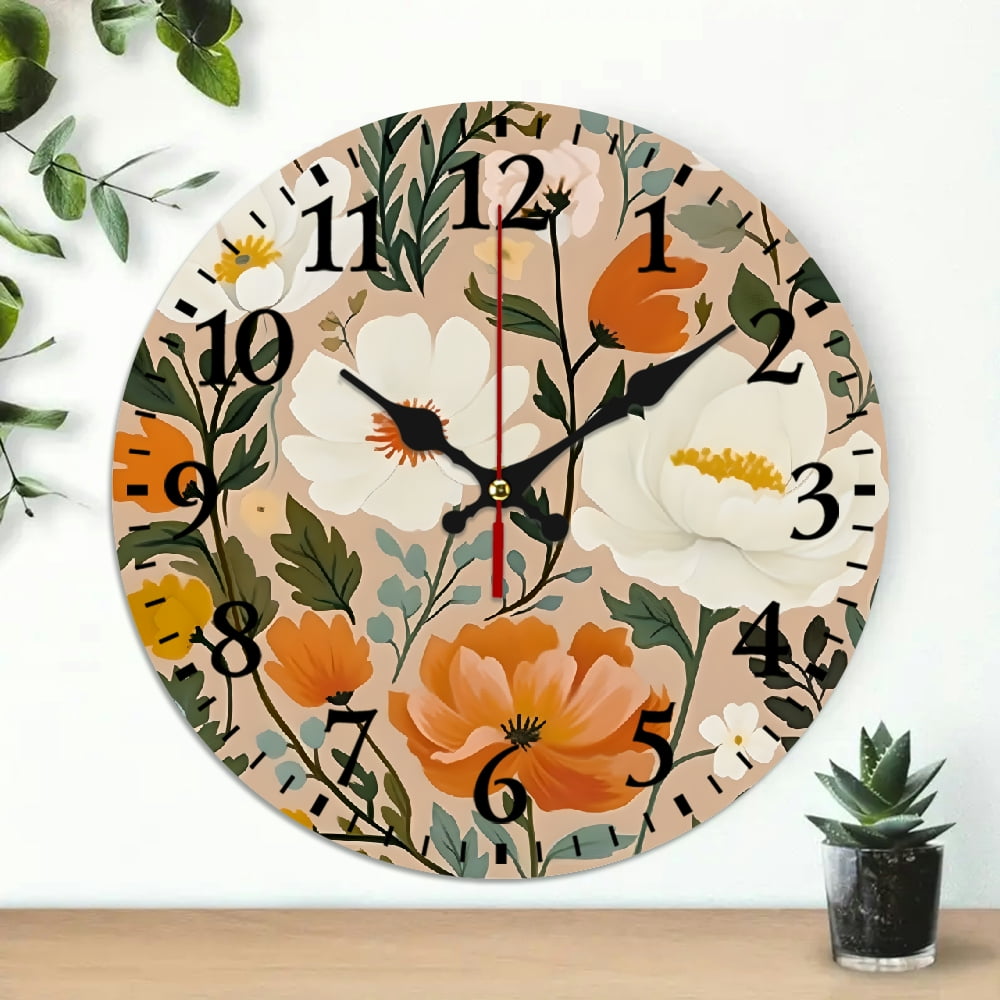 Creowell Round Wooden Wall Clock, Flowers Print, Silent Movement, 10 ...