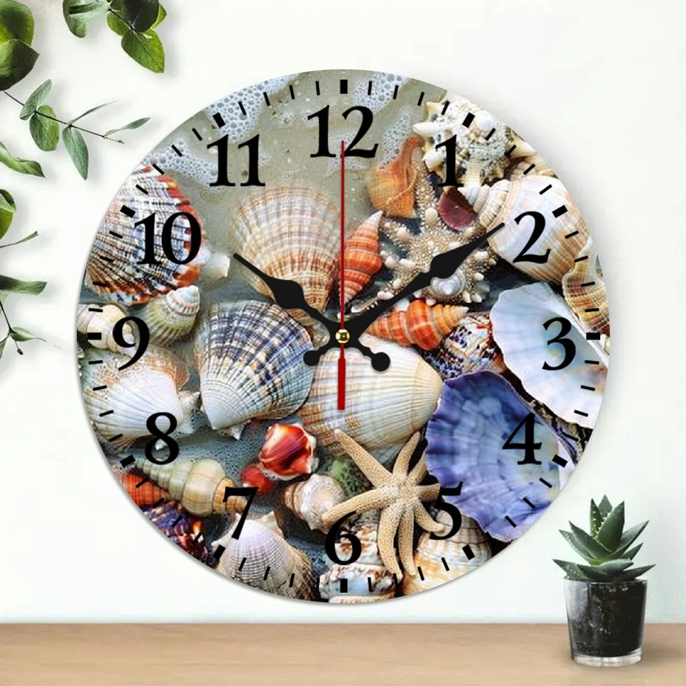 Creowell Round Wooden Wall Clock Shells Beach Ocean Print 10 Inch ...