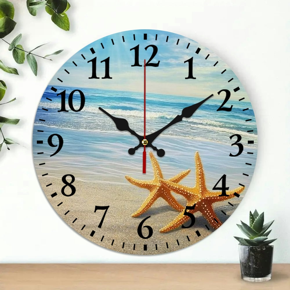 Creowell Round Wooden Wall Clock Starfish Beach Ocean Print 10 Inch ...