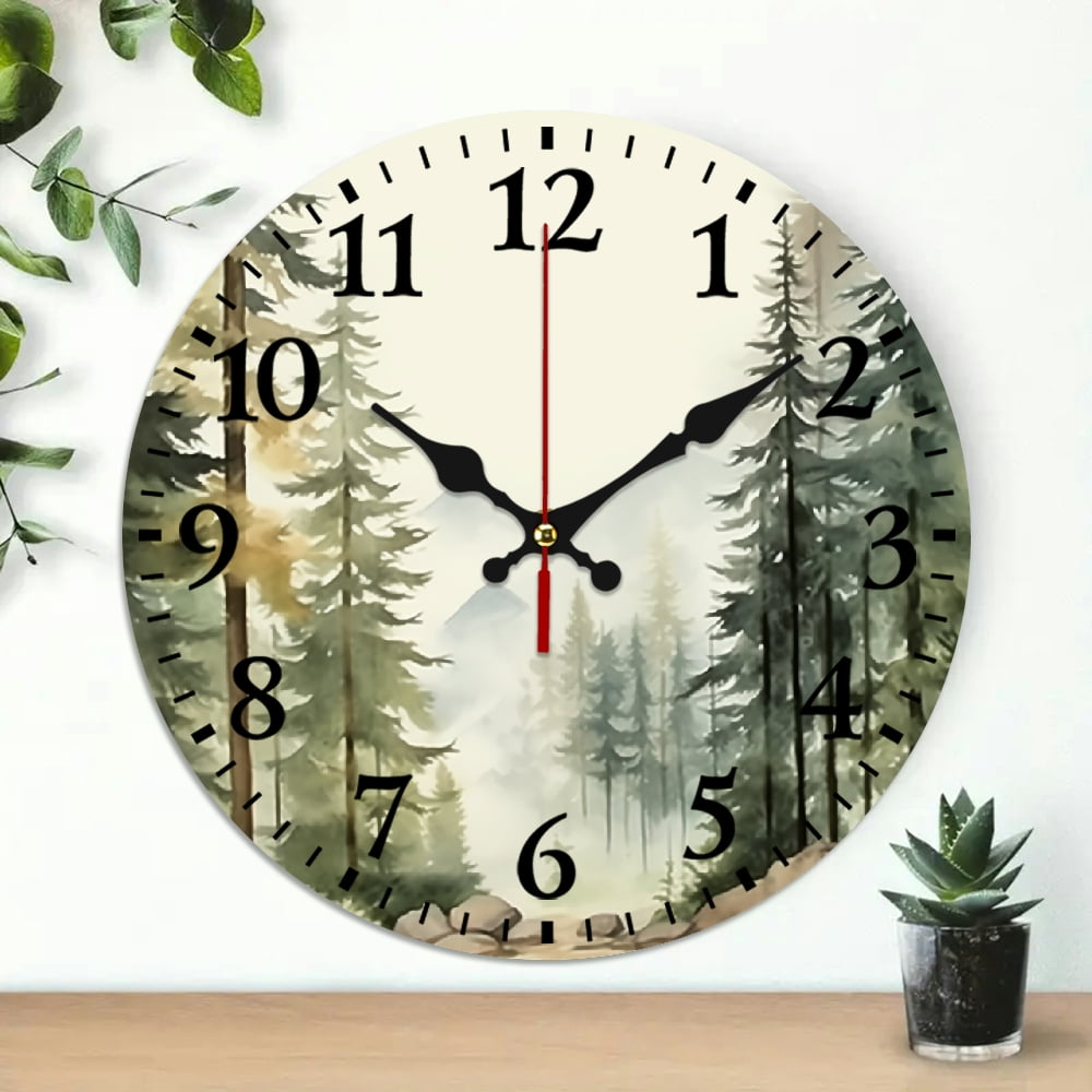 Creowell Round Wooden Wall Clock with Trees Print, Silent Mechanical ...