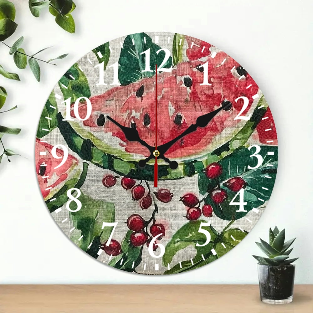 Creowell Round Wooden Wall Clock Watermelon Leaves Berries Print ...