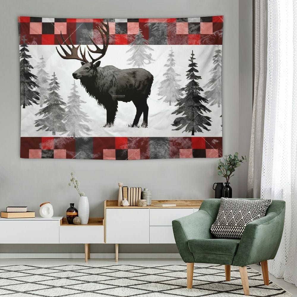 Creowell Rustic Bear Deer Tapestry Cabin Red Black Buffalo Check Plaid ...