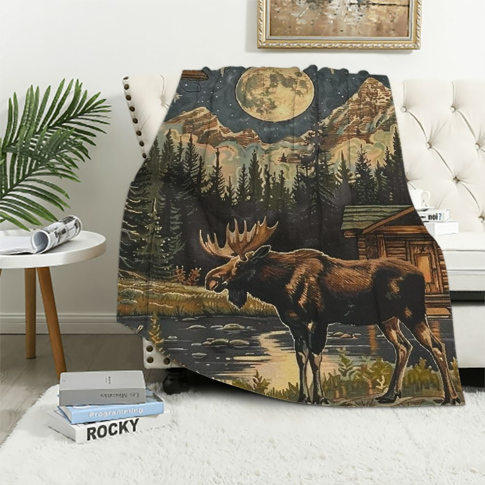 Creowell Rustic Moose Deer Flannel Blankets, Retro Vintage Bear Cottage ...