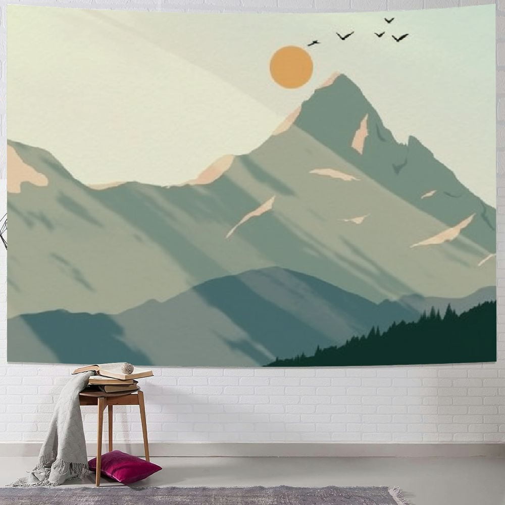 Creowell Sage Green Mountain Tapestry Boho Abstract Sun Landscape Wall ...