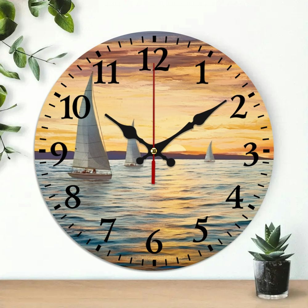 Creowell Sailboats Ocean Sunset Wall Clock for Living Room, Battery Operated, 10 Inches, Silent ...
