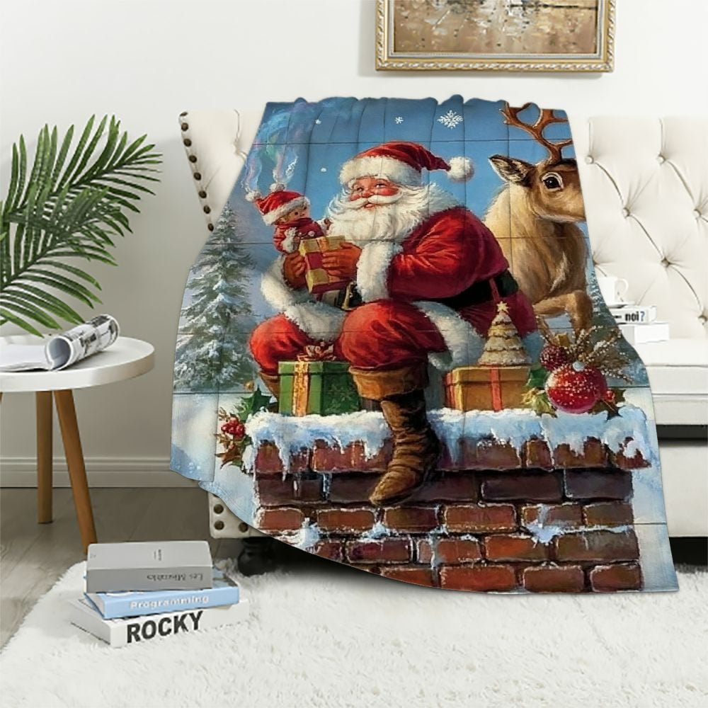 Creowell Santa Claus Chimney Reindeer Throw Blanket for Couch Outdoor ...