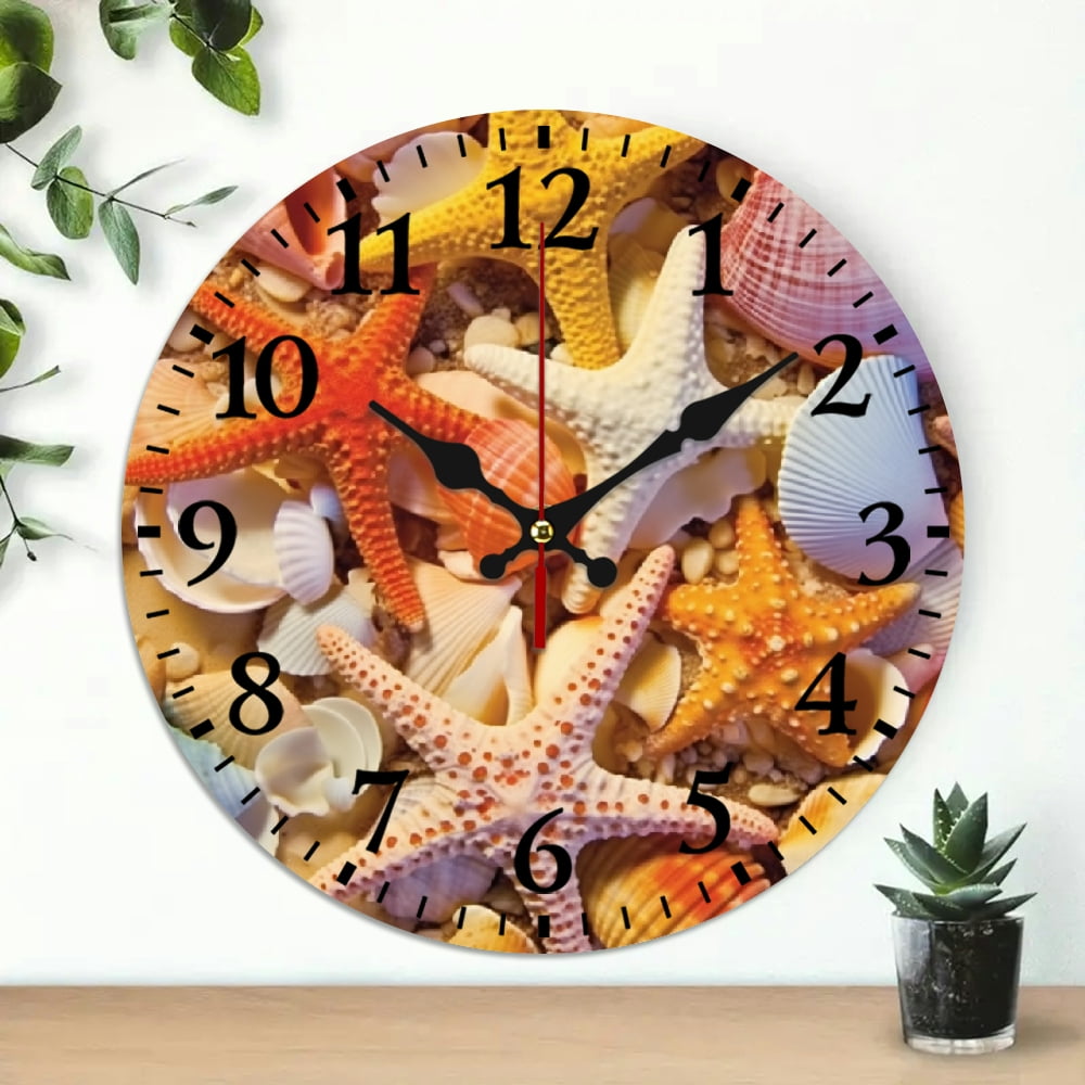 Creowell Sea Shells Starfish Beach Wall Clock 10 Inch Frameless Decor ...