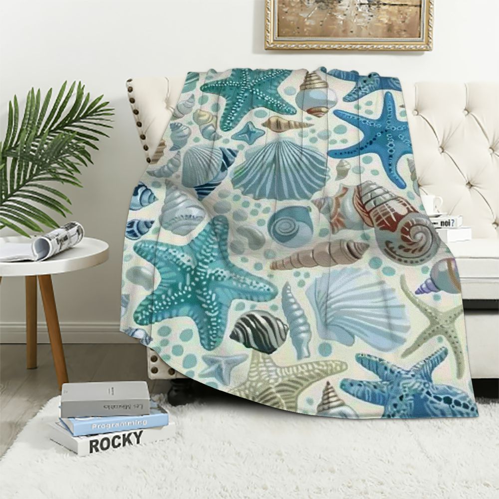 Creowell Sea Shells Starfish Ocean Flannel Throw Blanket for Bed Couch ...