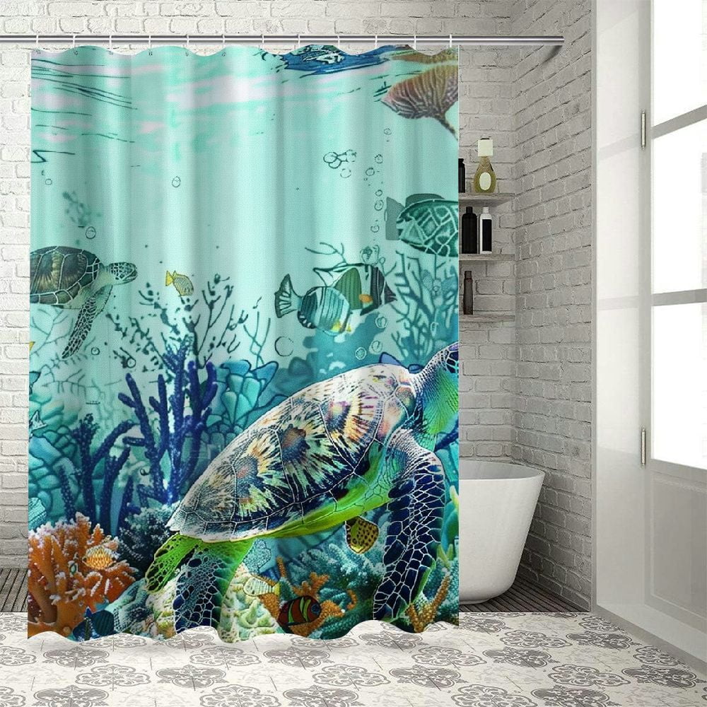 Creowell Sea Turtle Shower Curtain, Coastal Beach Coral Shower Curtain ...