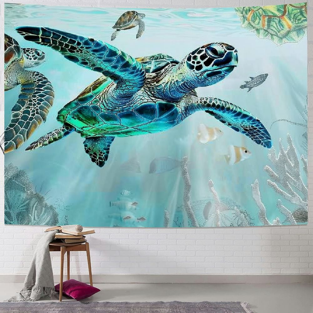 Creowell Sea Turtle Tapestry Blue Teal Ocean Wall Tapestry for Bedroom ...