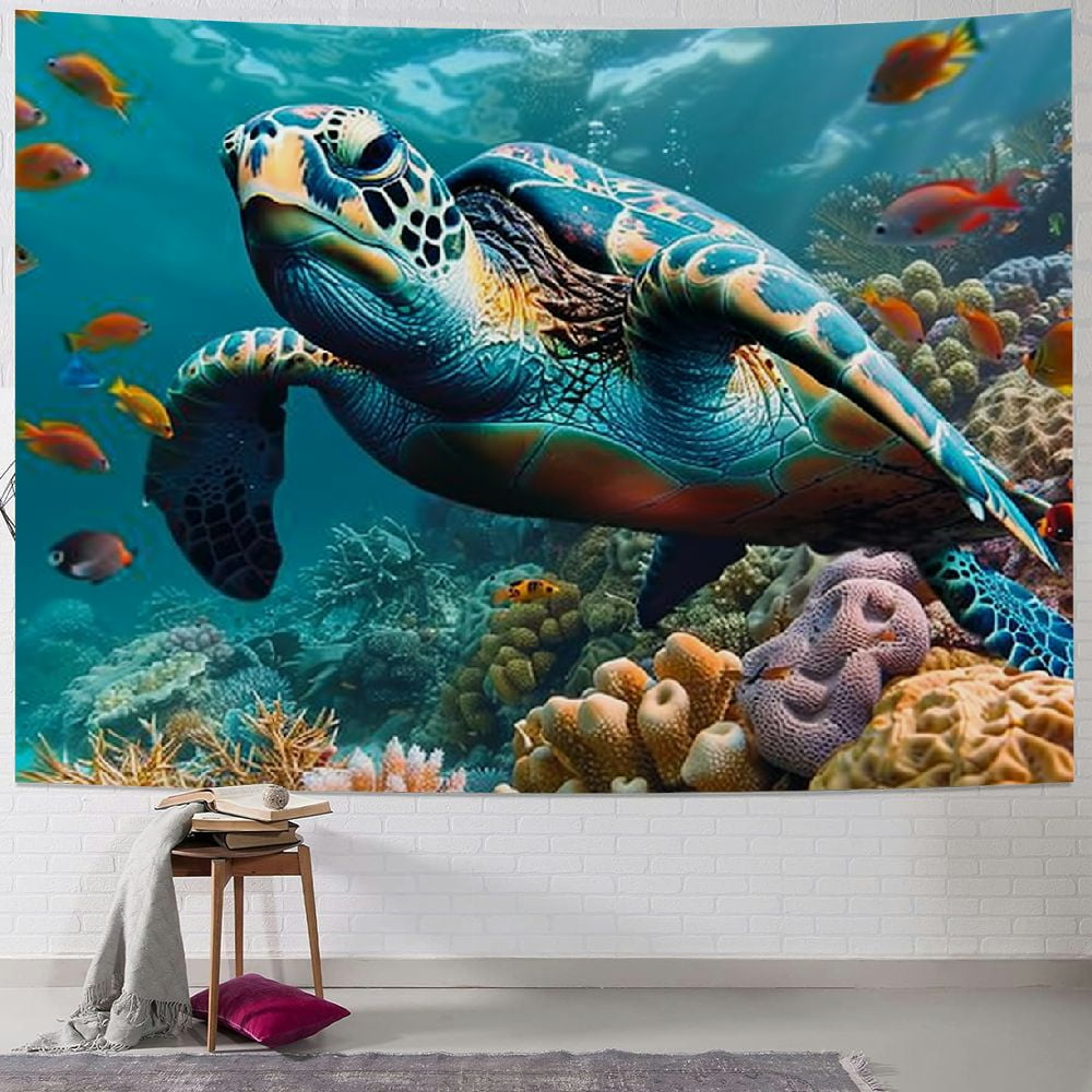 Creowell Sea Turtle Tapestry Wall Hanging Tropical Fish and Coral in ...