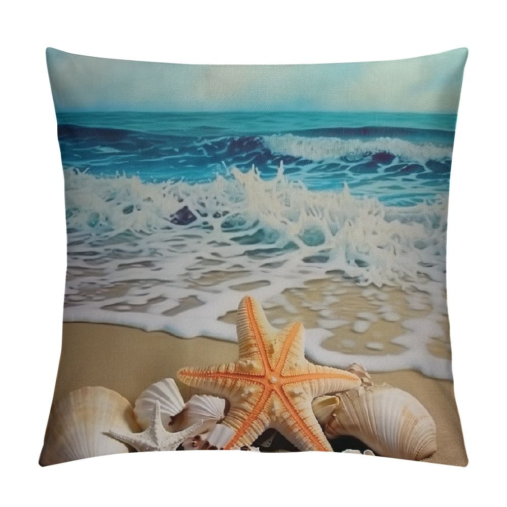 Creowell Seashell Starfish Beach Themed Pattern Throw Pillow Case ...