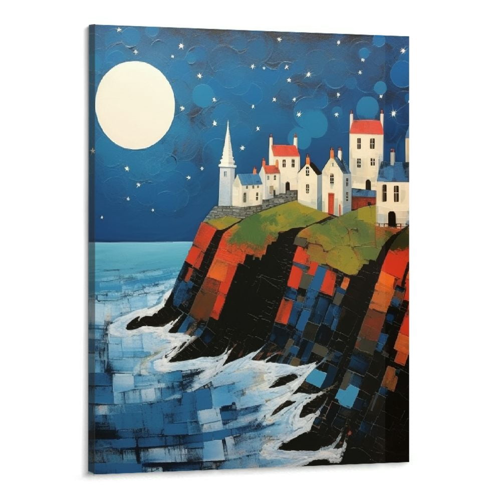 Creowell Seaside Village Houses on Cliff Folk Art Oil Painting Bathroom ...