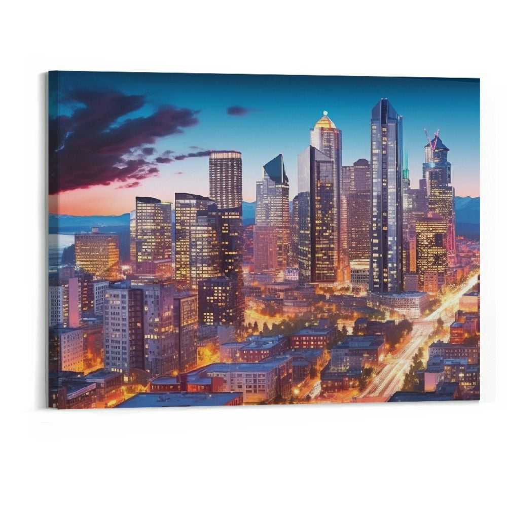 Creowell Seattle Wall Art Canvas Decor Colorful City Skyline Wall Art ...
