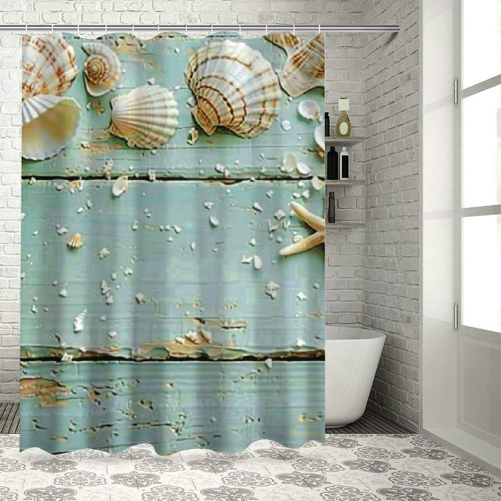 Creowell Shower Curtain Seashells Border Beach Floor Summer Bathroom ...
