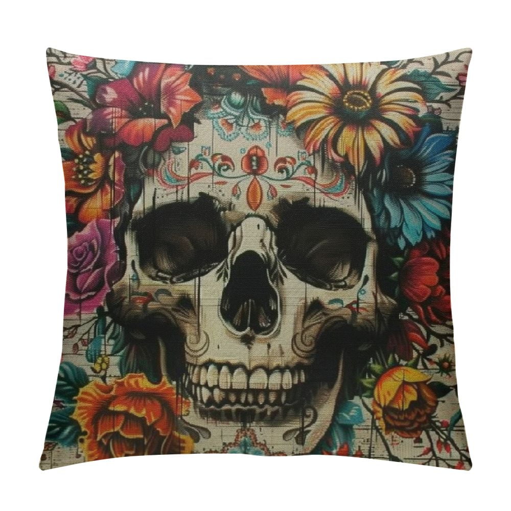 Creowell Skull Decorative Throw Pillow Cover Gothic Flower Skeleton ...