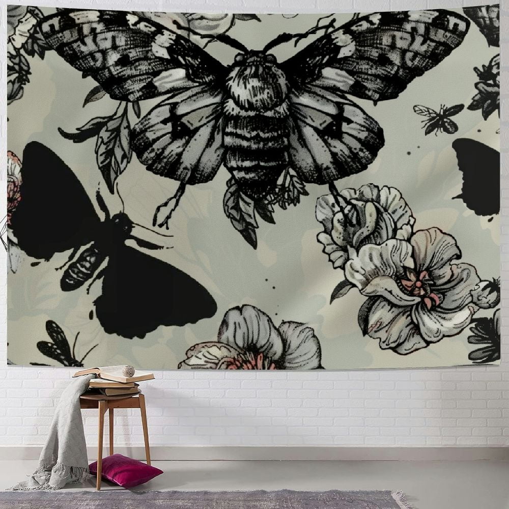 Creowell Skull Moth Fabric Wall Hanging Tapestry Vintage Black Gothic ...