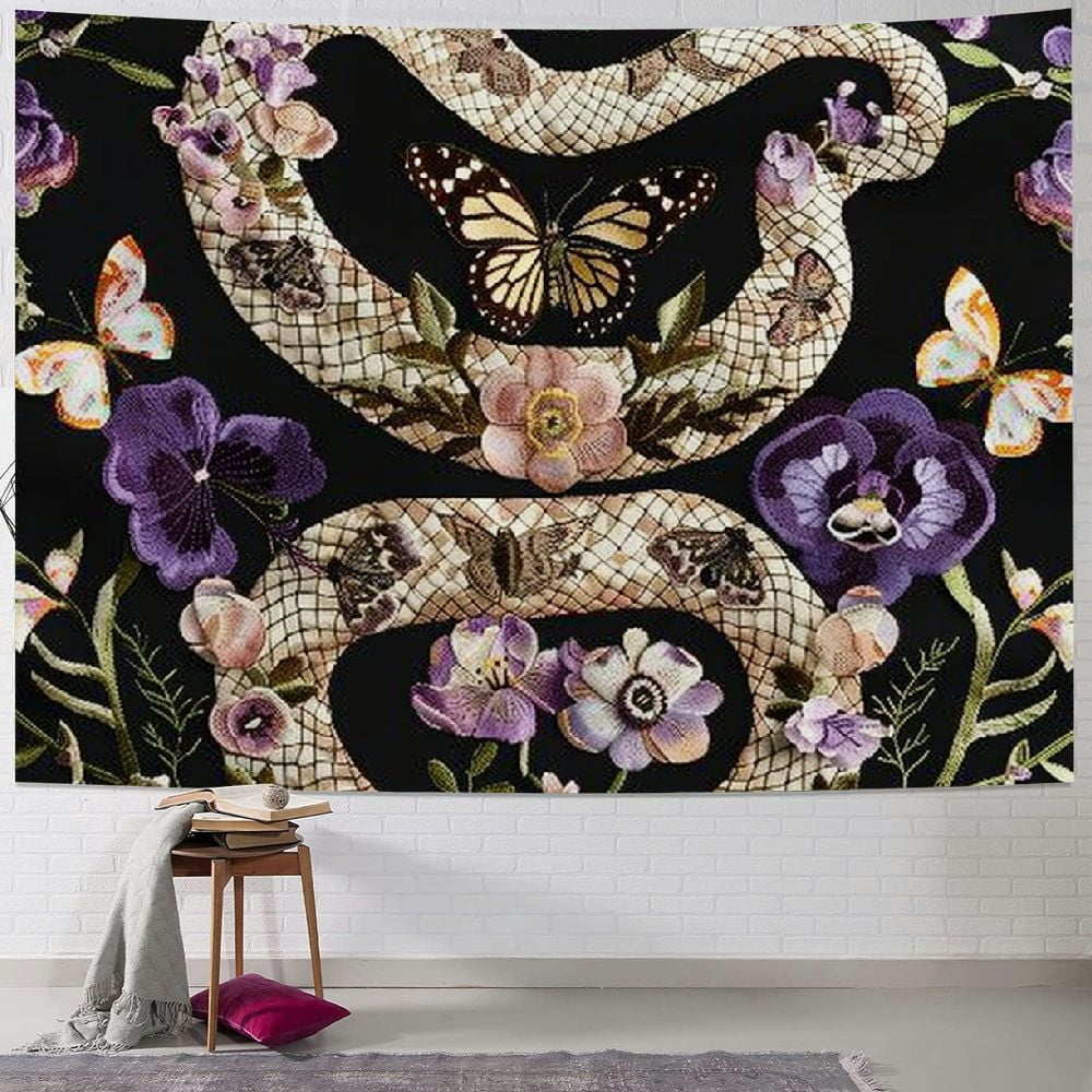 Creowell Snake Tapestry Floral Plants Wall Tapestry Moon Phase ...