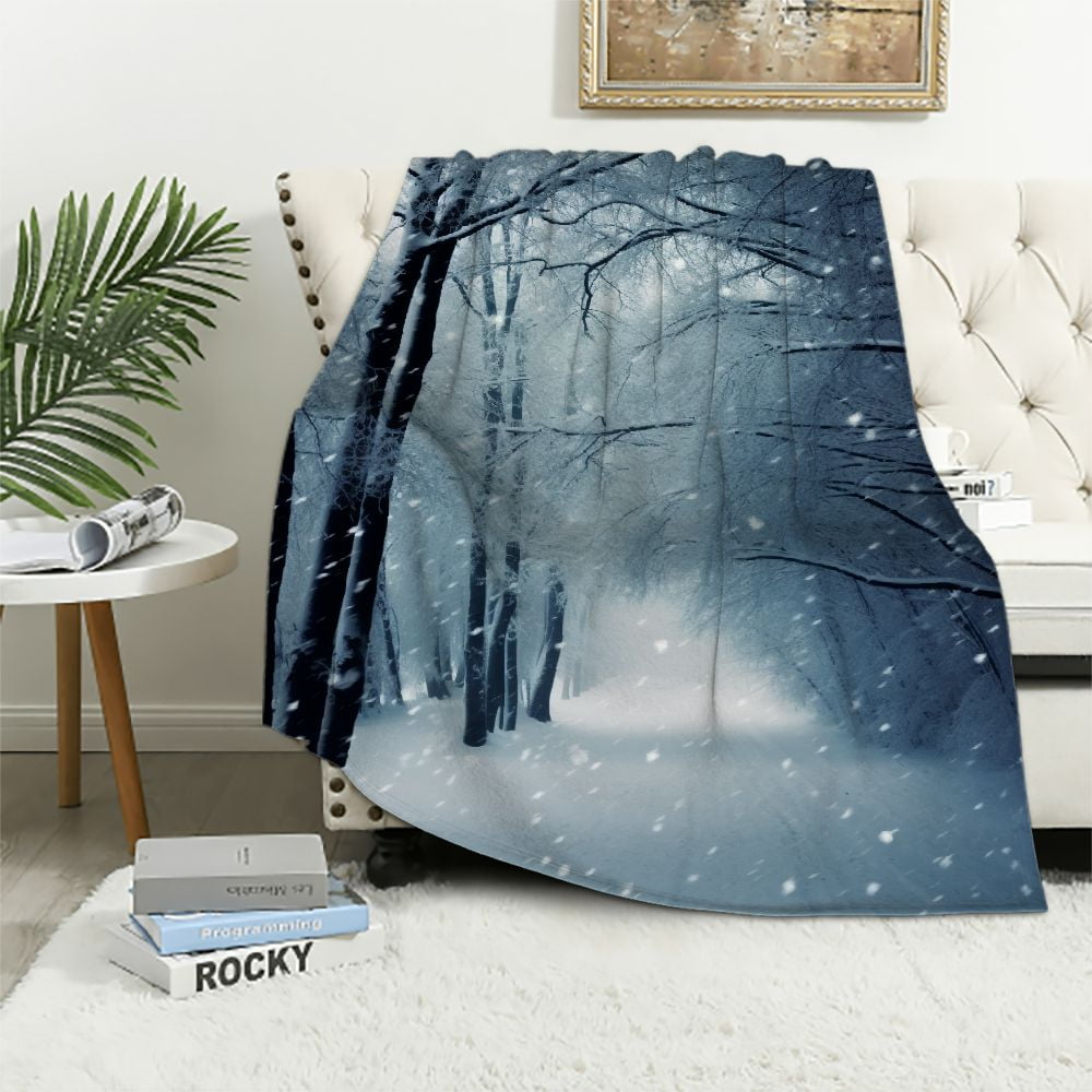 Creowell Snowfall Trees Road Print Throw Blanket for Bed Couch Car Kids ...