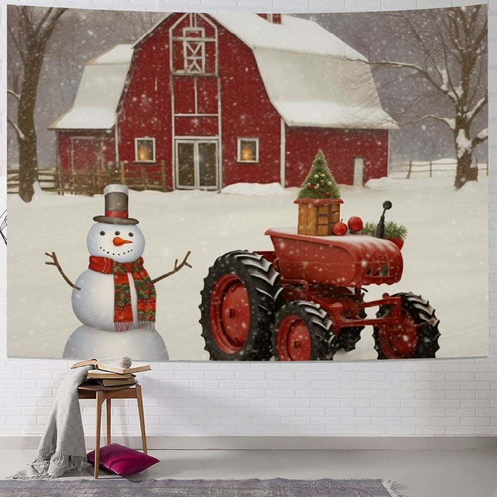 Creowell Snowman Barn Tractor Tapestry Wall Hanging Short Plush ...