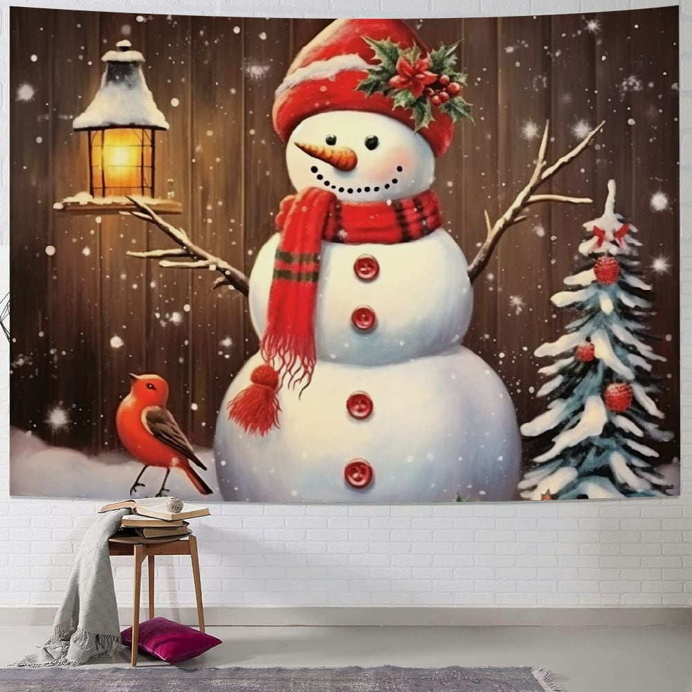 Creowell Snowman Red Hat Red Bird Print Tapestry Short Plush Fabric ...