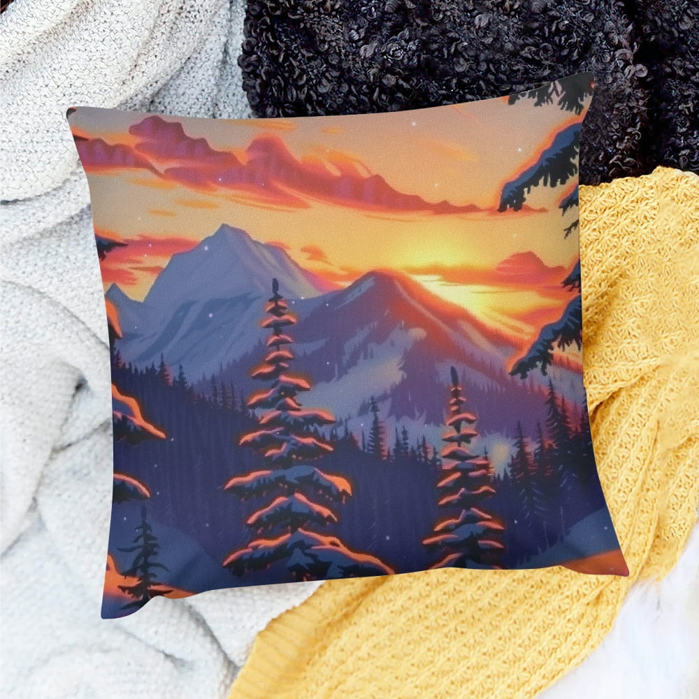 Creowell Snowy Mountain Pine Trees Sunset Pillow Case for Sofa Couch ...