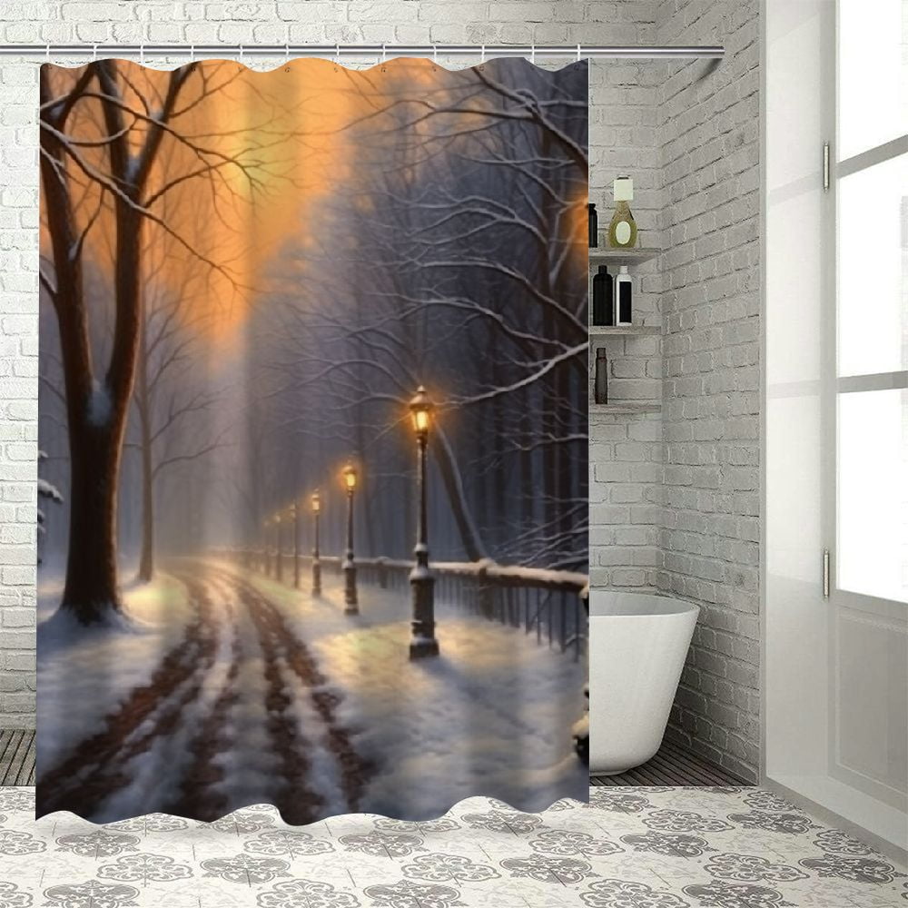 Creowell Snowy Path Light Post Park Printed Shower Curtain 100% ...