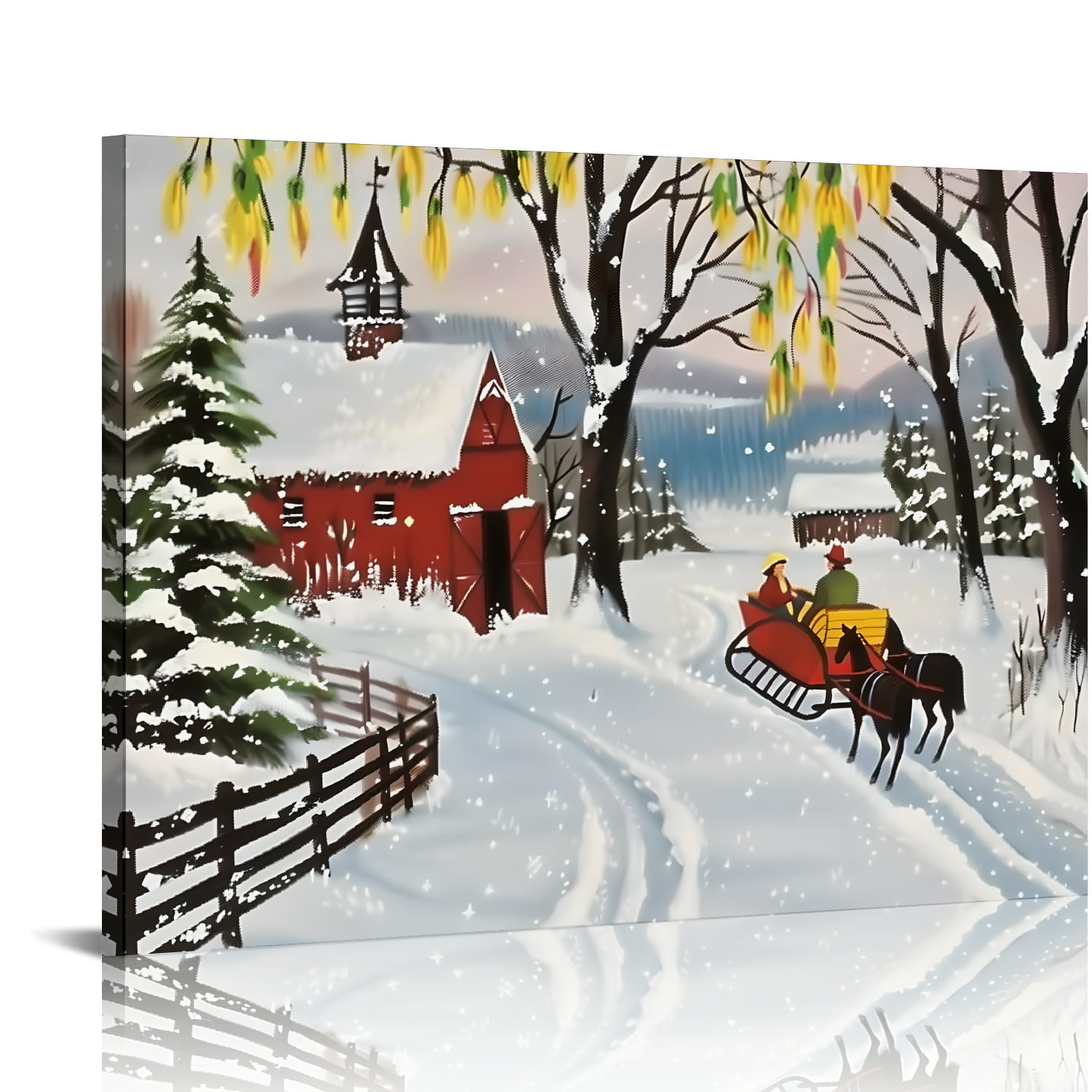 Creowell Snowy Scene Red Barn Horse Drawn Sleigh Canvas Print 16x12in ...