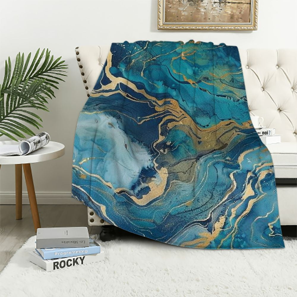 Creowell Soft Throw Blanket Turquoise Teal Blue Gold Marble Textured ...