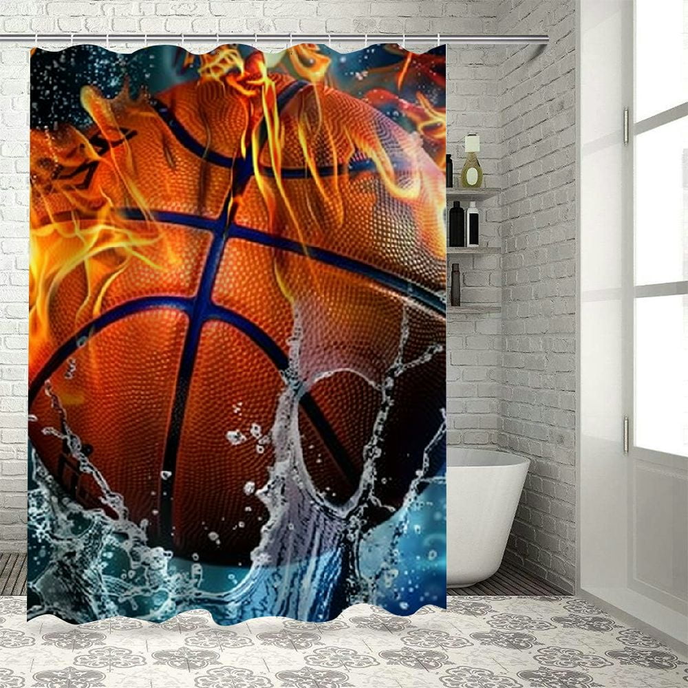 Creowell Sports Shower Curtain, Basketball Ball and Water Splashing ...
