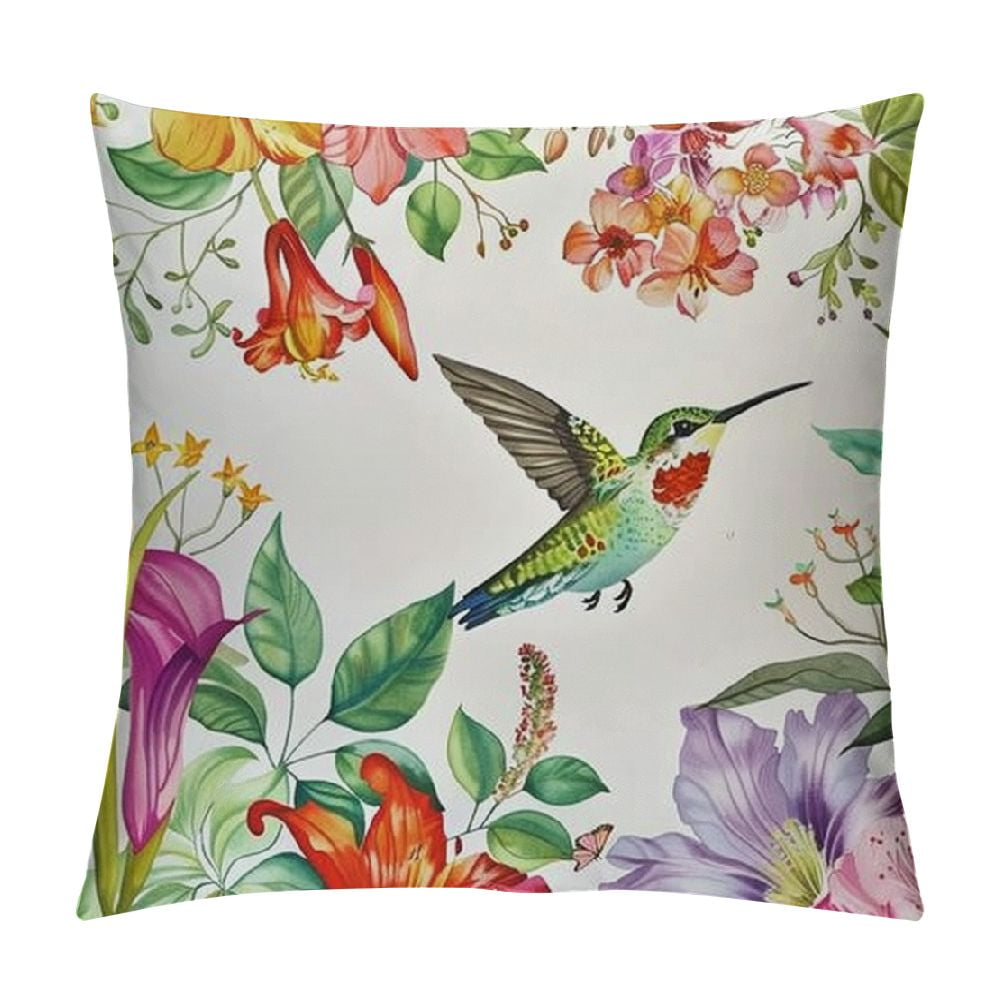 Creowell Spring Floral Birds Throw Pillow Covers Hummingbird Flowers ...