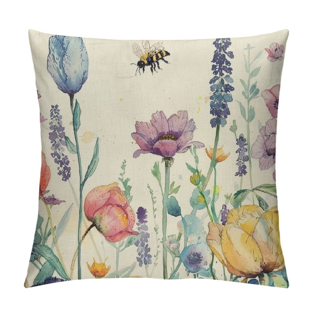 Creowell Spring Flowers Tulip Lavender Bee Throw Pillow Cover, 18 x 18 ...