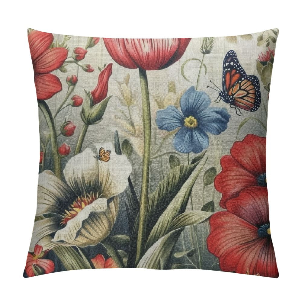 Creowell Spring Summer Flower Pillow Covers 18x18 InchRed Floral ...