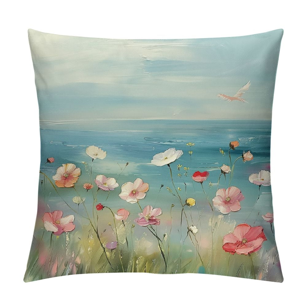 Creowell Square Beach Colorful Flower Pillow Covers Poppies Throw ...