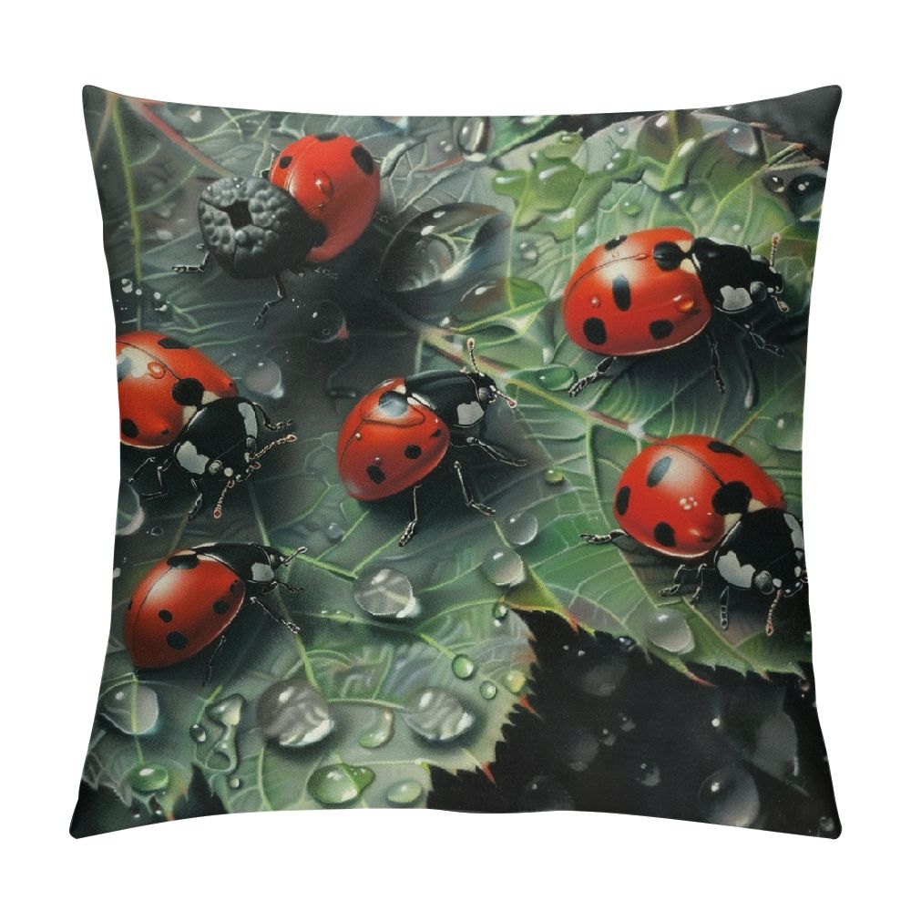 Creowell Square Throw Pillow Covers Red Ladybugs Water Droplets Design ...