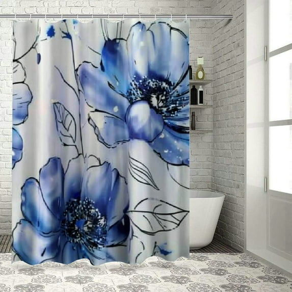 Creowell Stall Blue Flowers and Grey Leaves Shower Curtain Set with ...