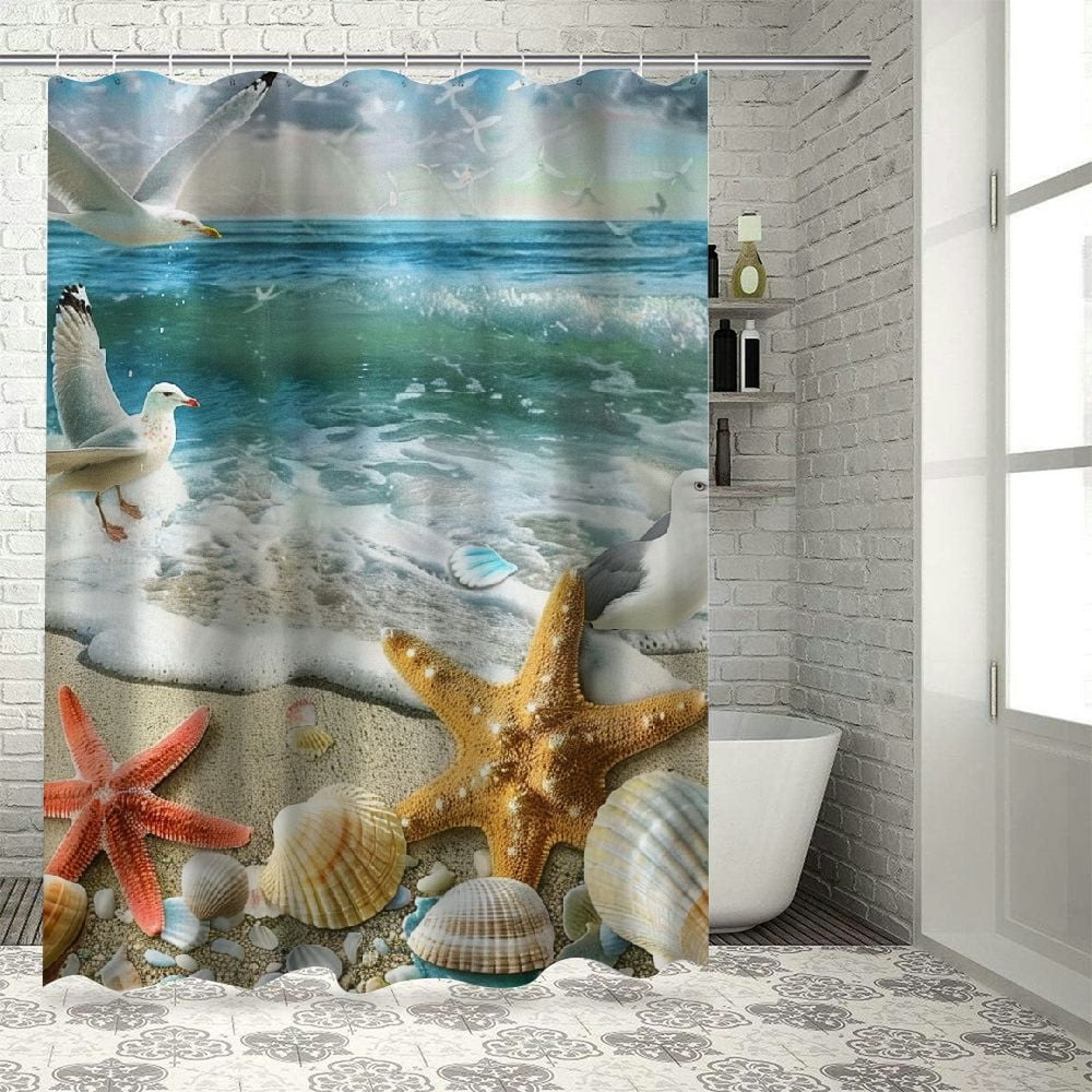 Creowell Starfish Beach Shower Curtain Set Seashell Beach Theme ...