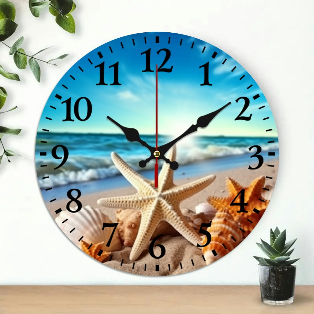 Creowell Starfish Shells Beach Round Wooden Wall Clock 10 Inch 10x10in ...