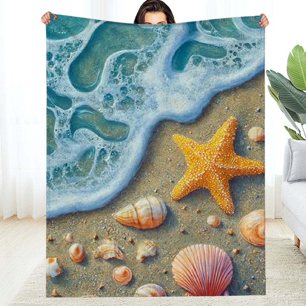 Creowell Starfish & Seashell Beach Blanket, Cozy Coastal Throw Blanket ...